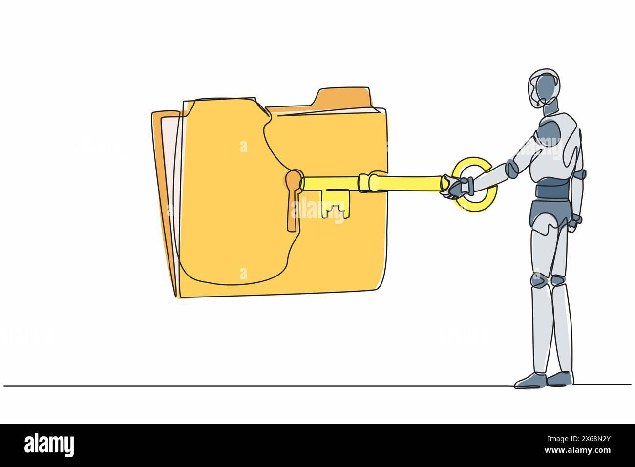 Single one line drawing robot put big key into folder. Document ...