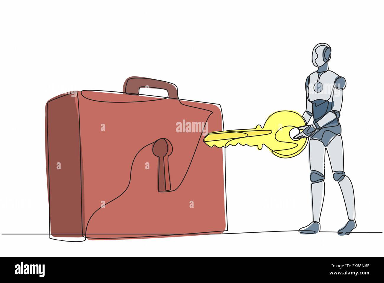 Single one line drawing robot putting key into briefcase. Safety bag for secret document ...