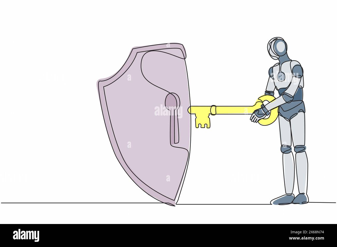 Single one line drawing robot put key into shield. Internet security ...