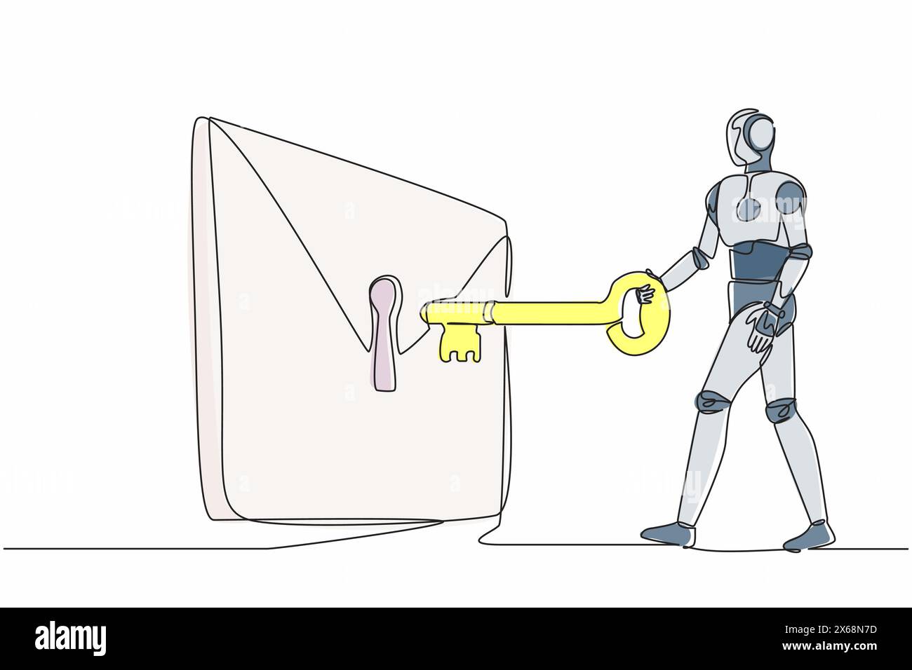 Single one line drawing robot putting big key into mail. Digital ...