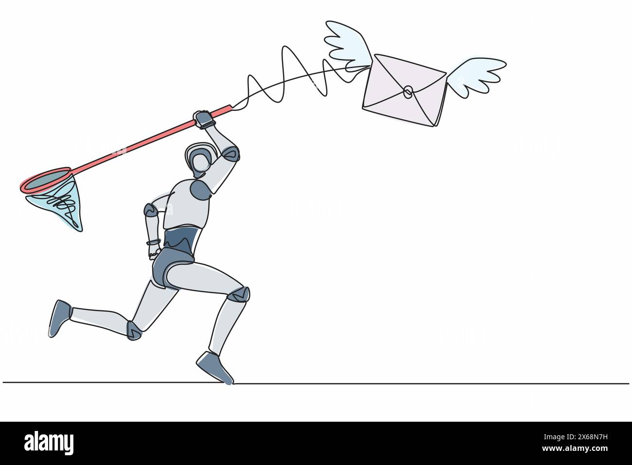 Single continuous line drawing robot try to catching flying mail with ...