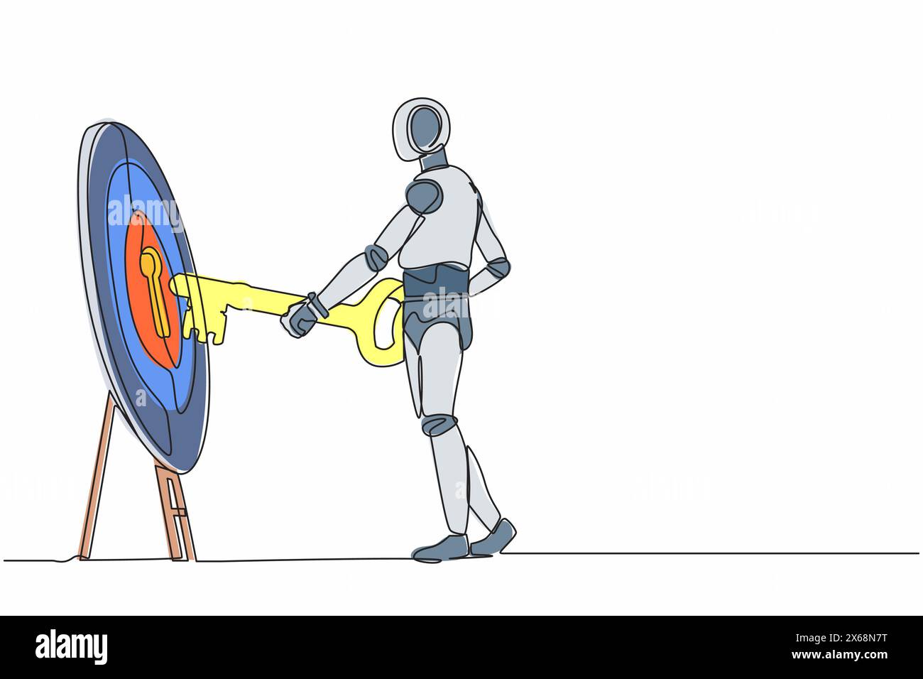 Single continuous line drawing robot putting big key into bullseye ...