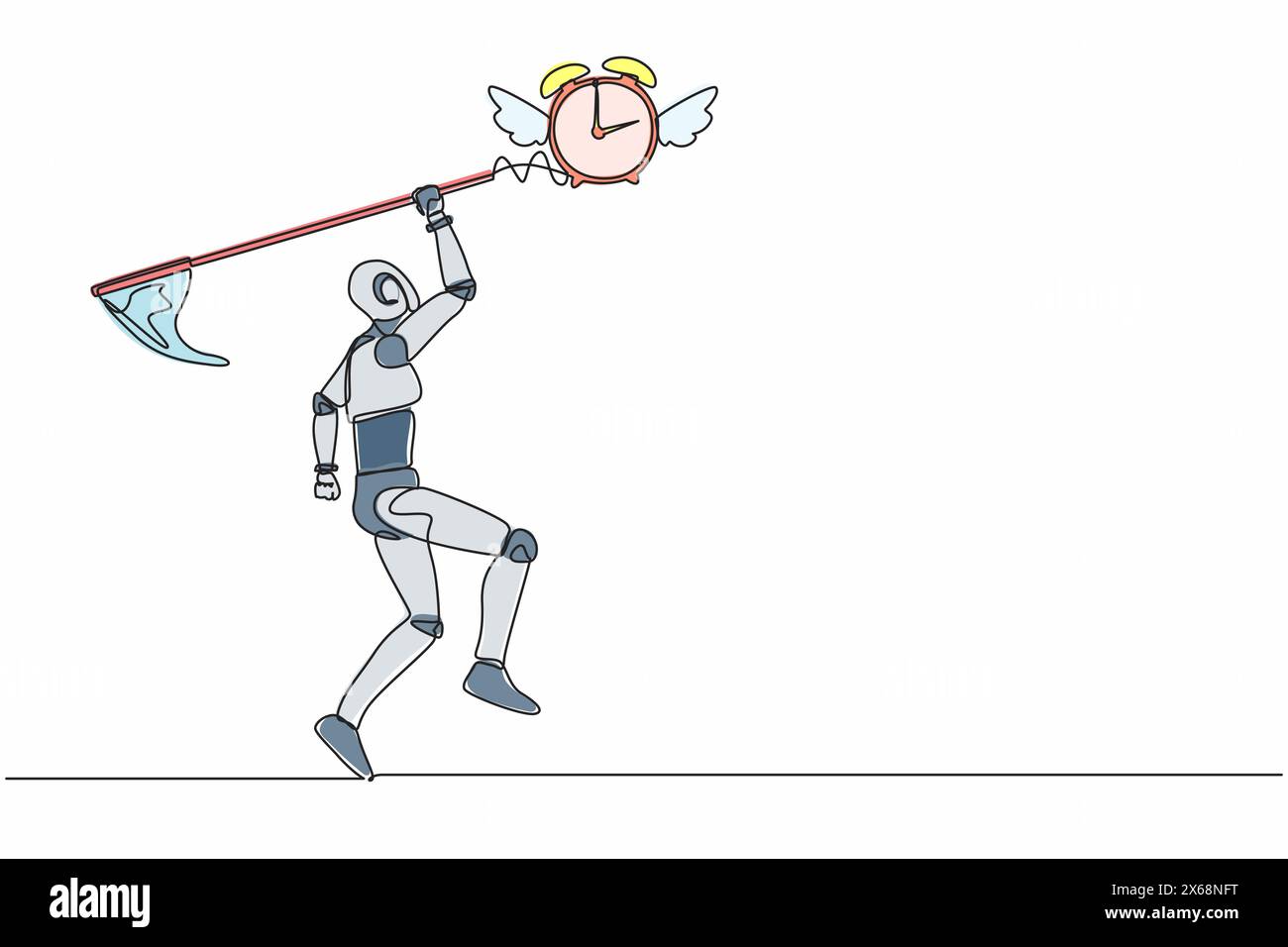 Single continuous line drawing robot try to catching flying alarm clock ...