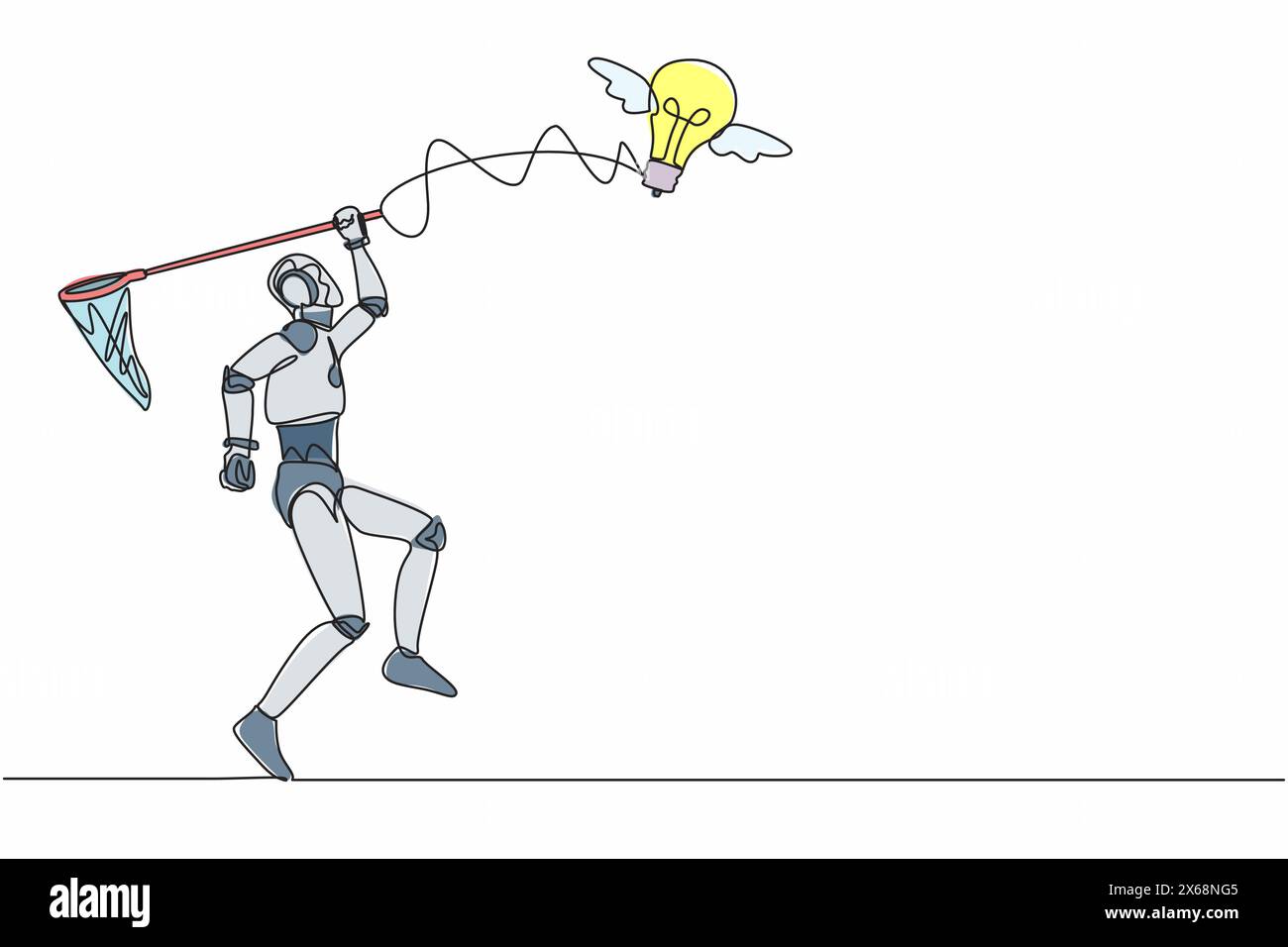 Single one line drawing robot try to catching flying light bulb with ...