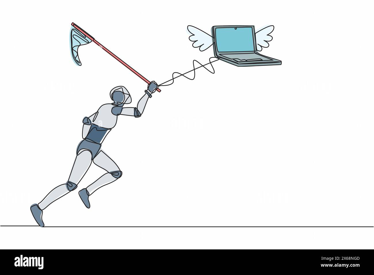 Continuous one line drawing robot try to catching flying laptop with ...