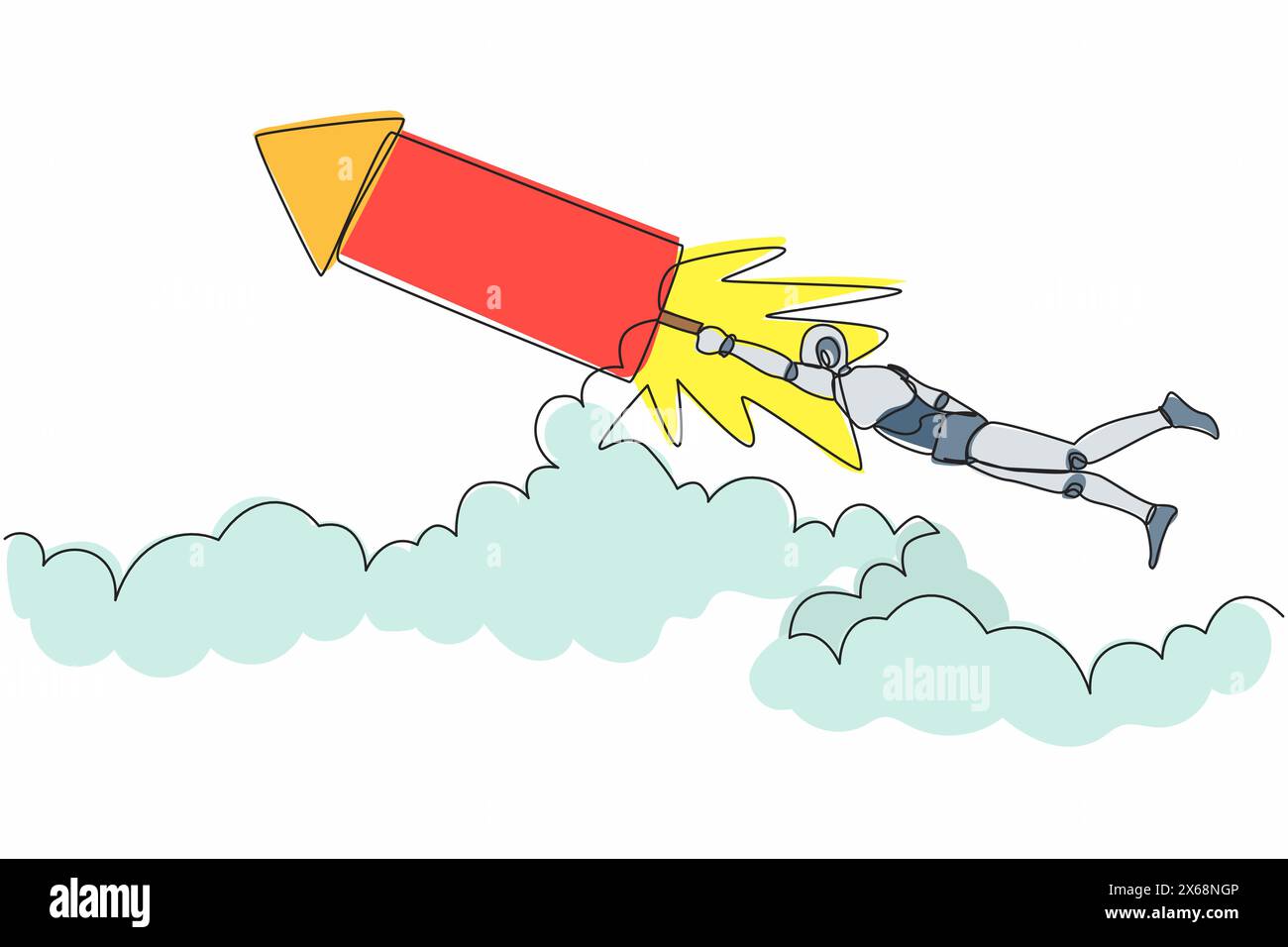 Single continuous line drawing robot fly on fireworks rockets while ...