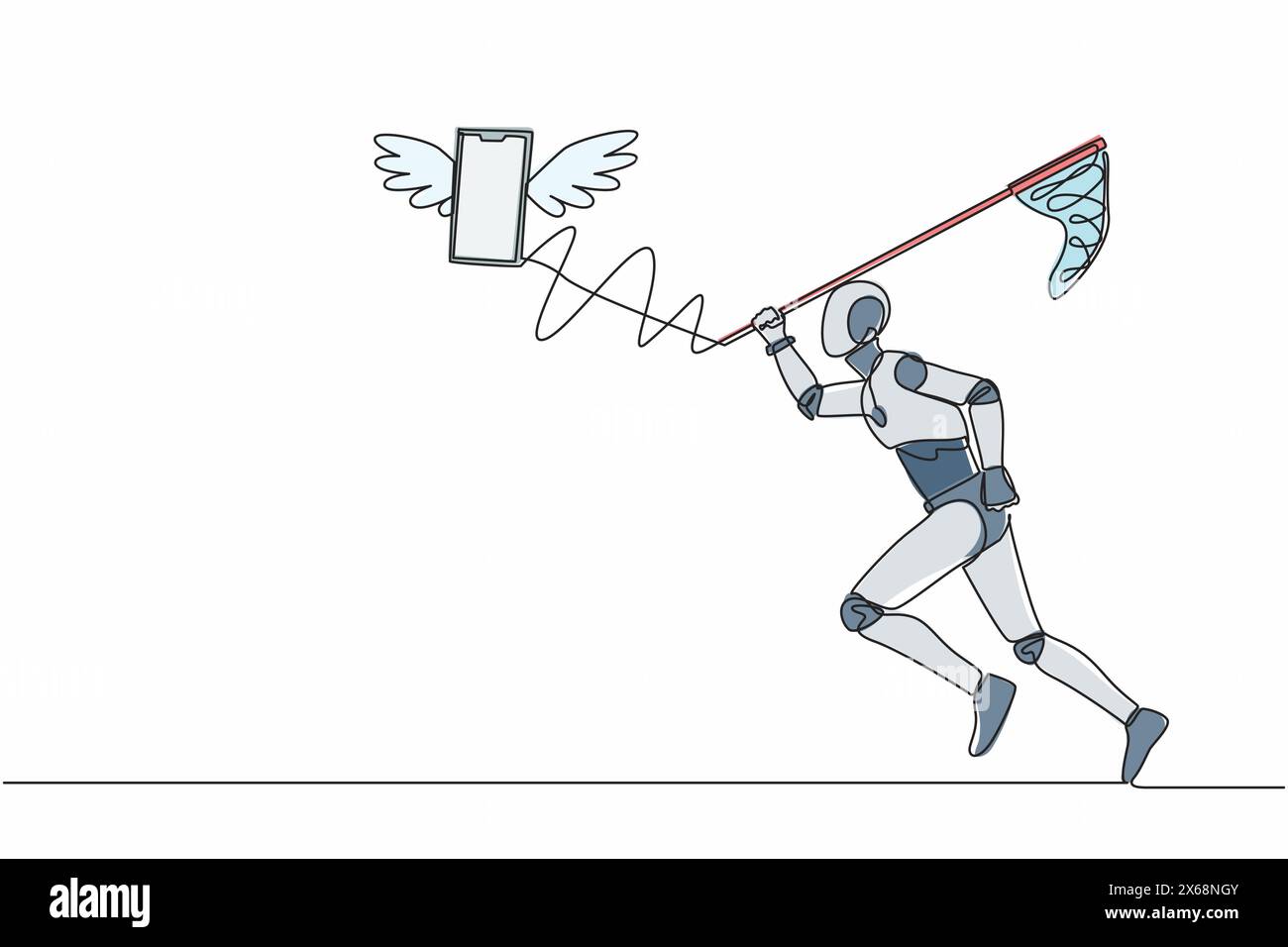 Single one line drawing robot try to catch flying smartphone with ...