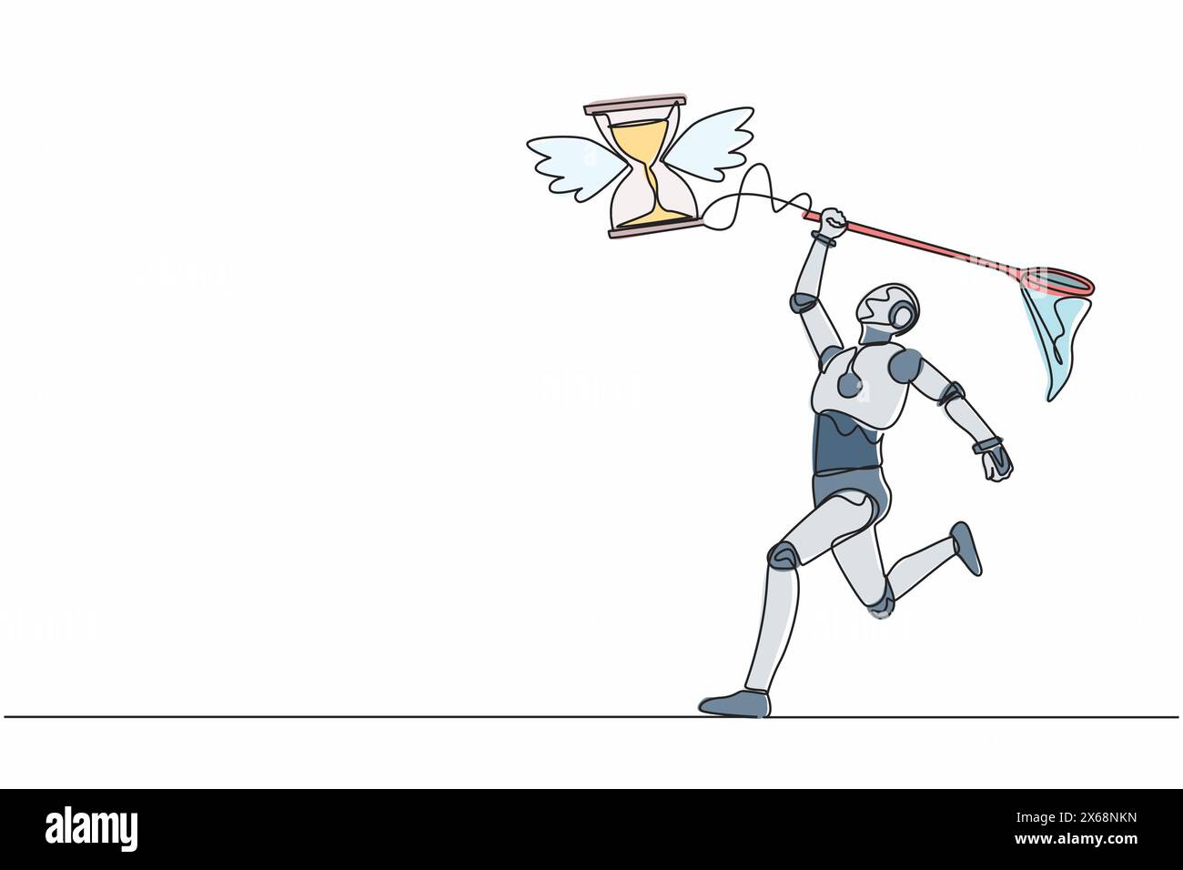 Continuous one line drawing robot try to catching flying hourglass with ...