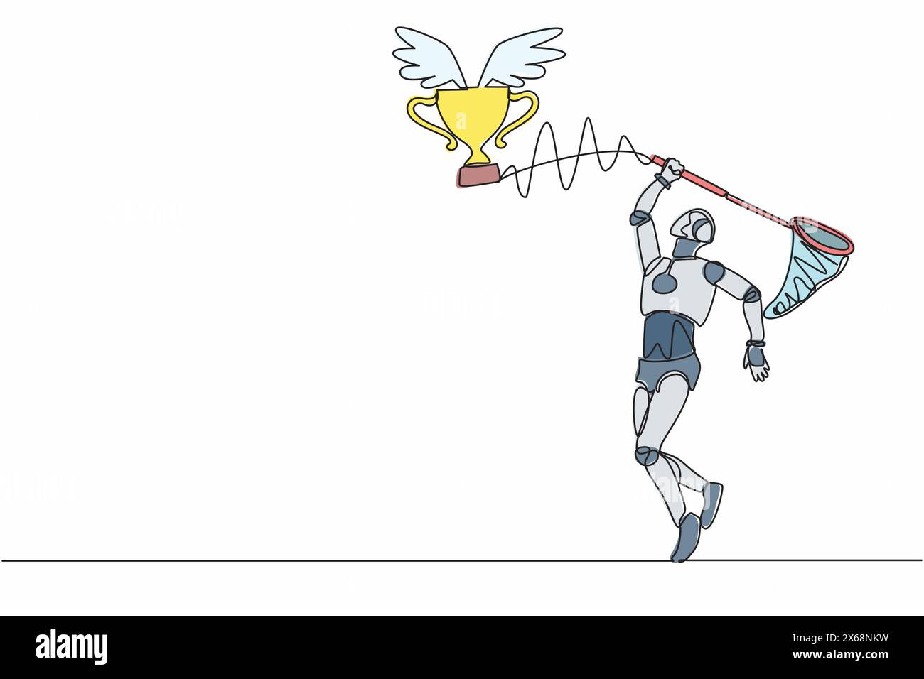 Continuous one line drawing robot try to catching flying trophy with ...