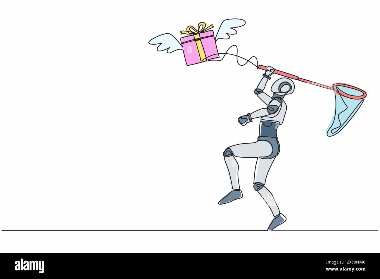 Single one line drawing robot try to catching flying gift box with ...