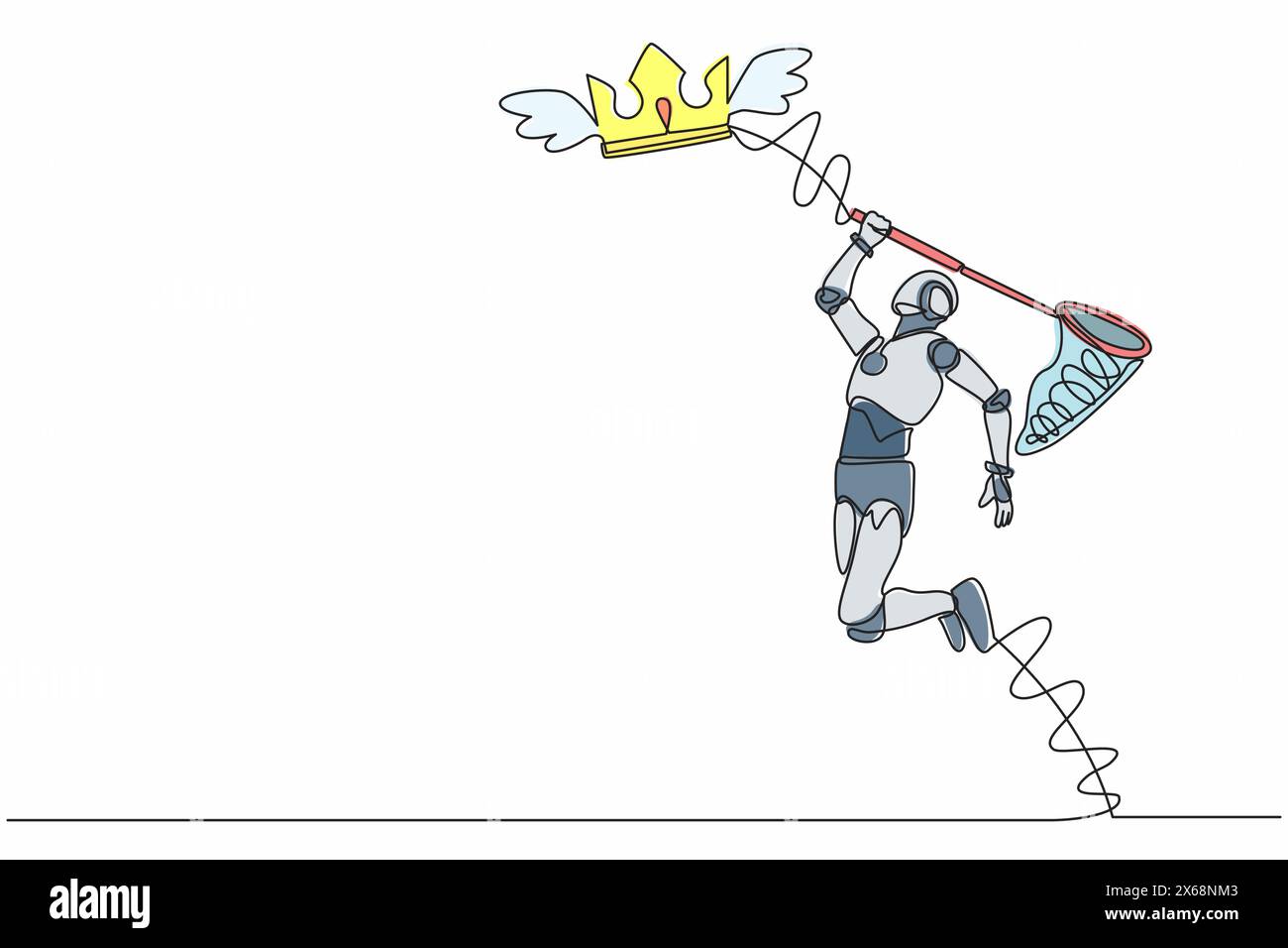 Single continuous line drawing robot try to catching flying crown with ...