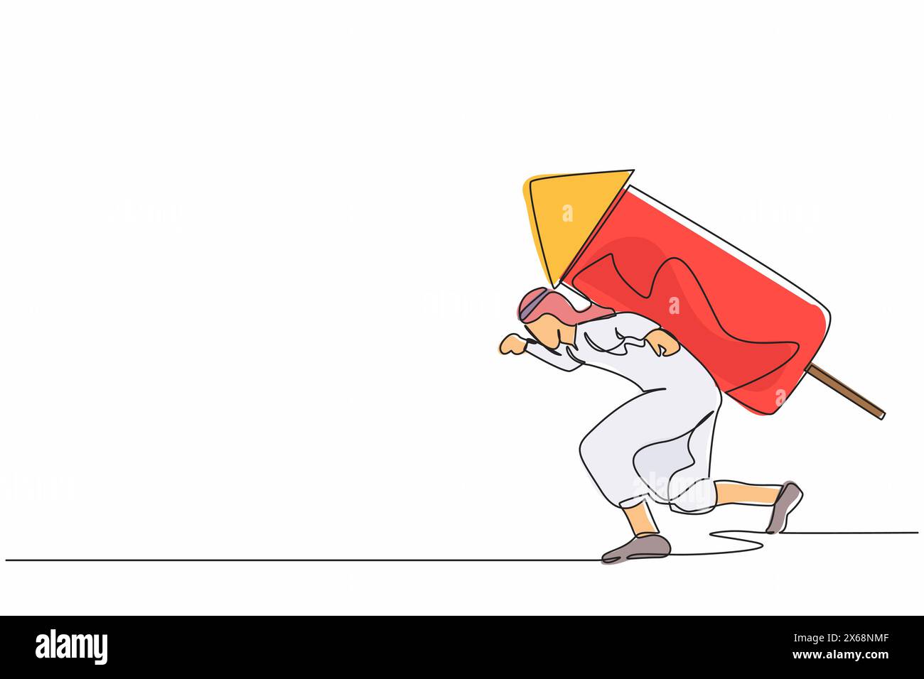 Single continuous line drawing Arab businessman with rocket on back ...