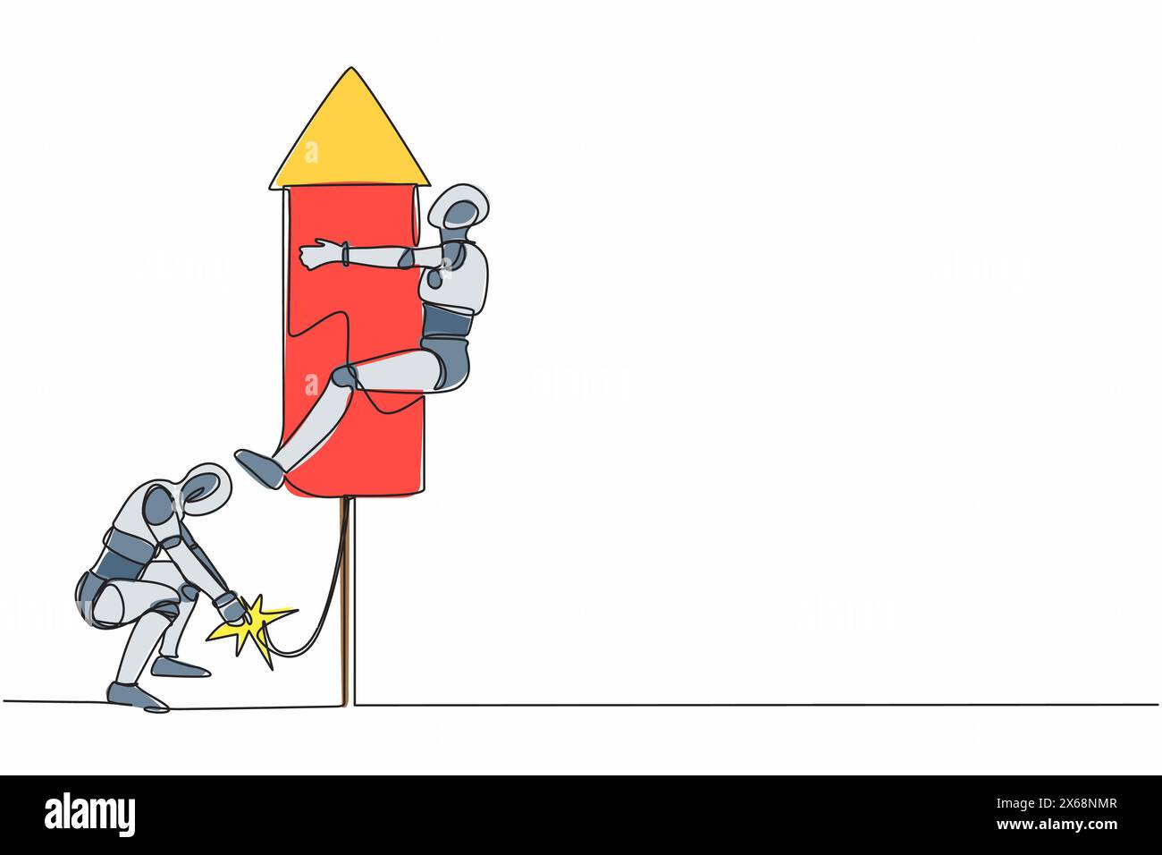 Single one line drawing robot ignite firework rocket while his ...