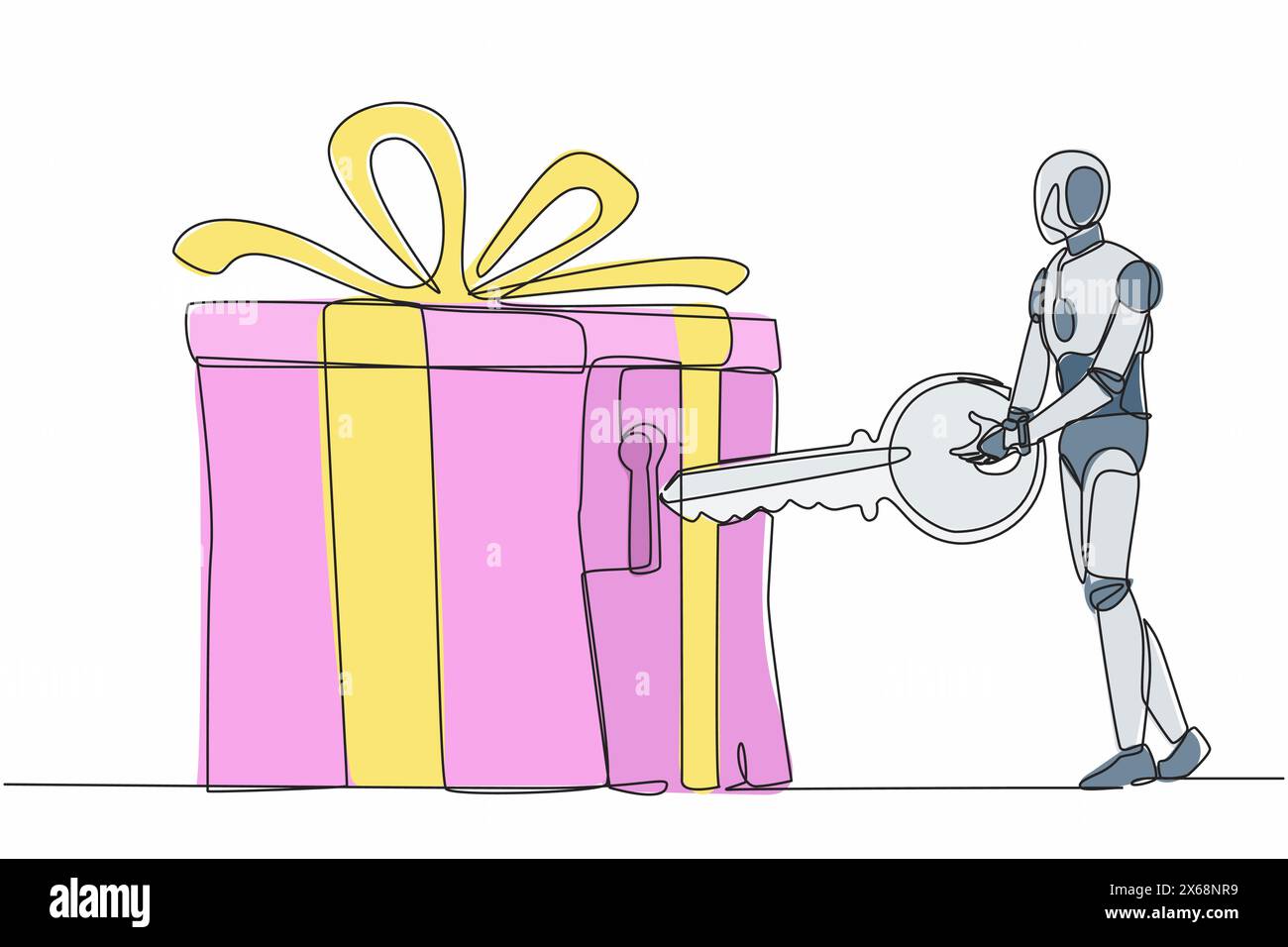 Continuous one line drawing robot putting key into gift box with ribbon ...