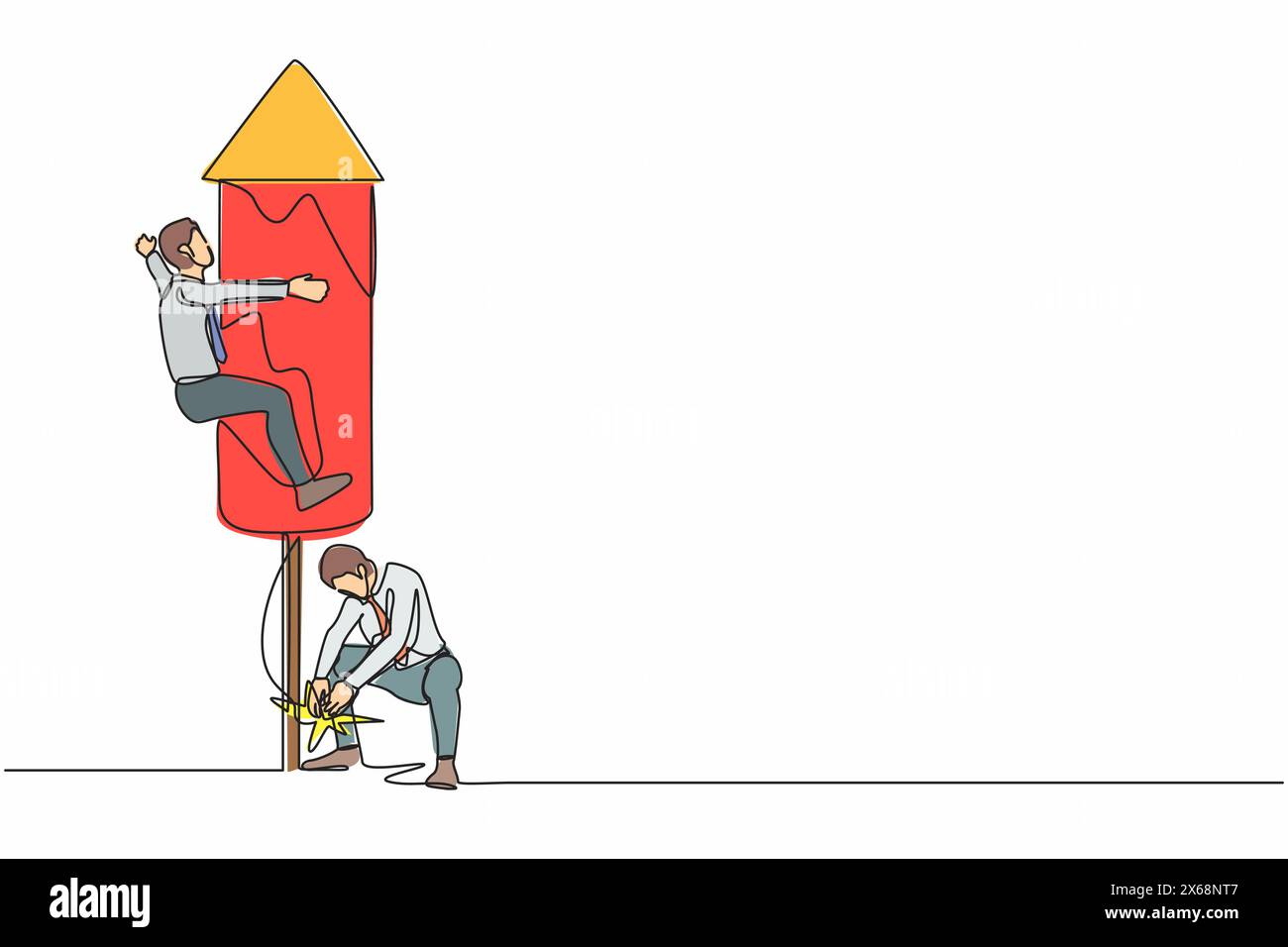 Single continuous line drawing businessman ignites a fireworks rocket ...