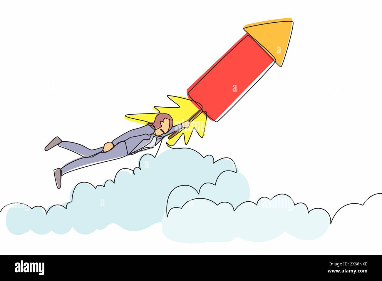 Single one line drawing businesswoman fly on firework rocket while ...