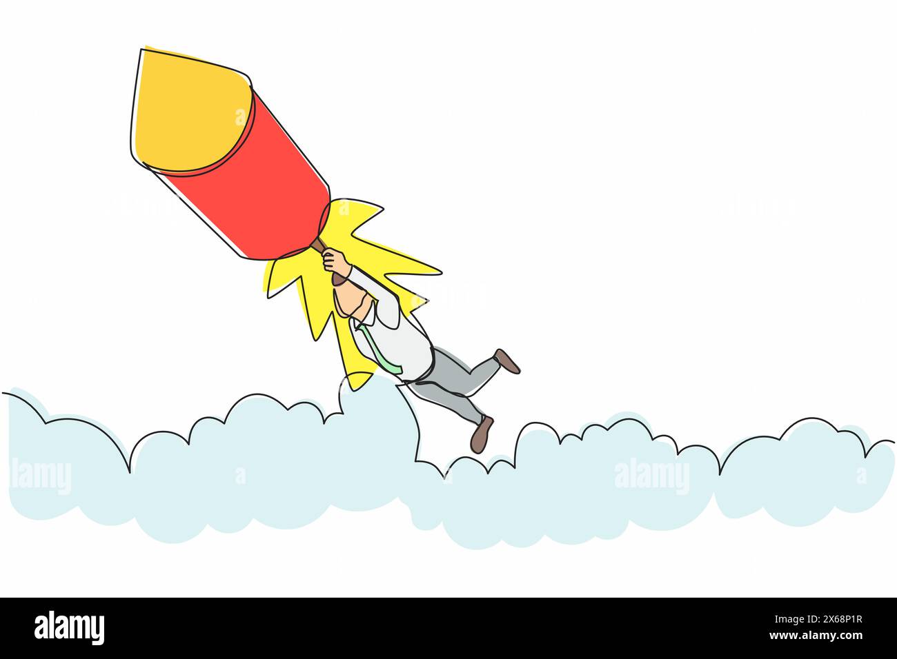 Single continuous line drawing businessman fly on fireworks rockets ...
