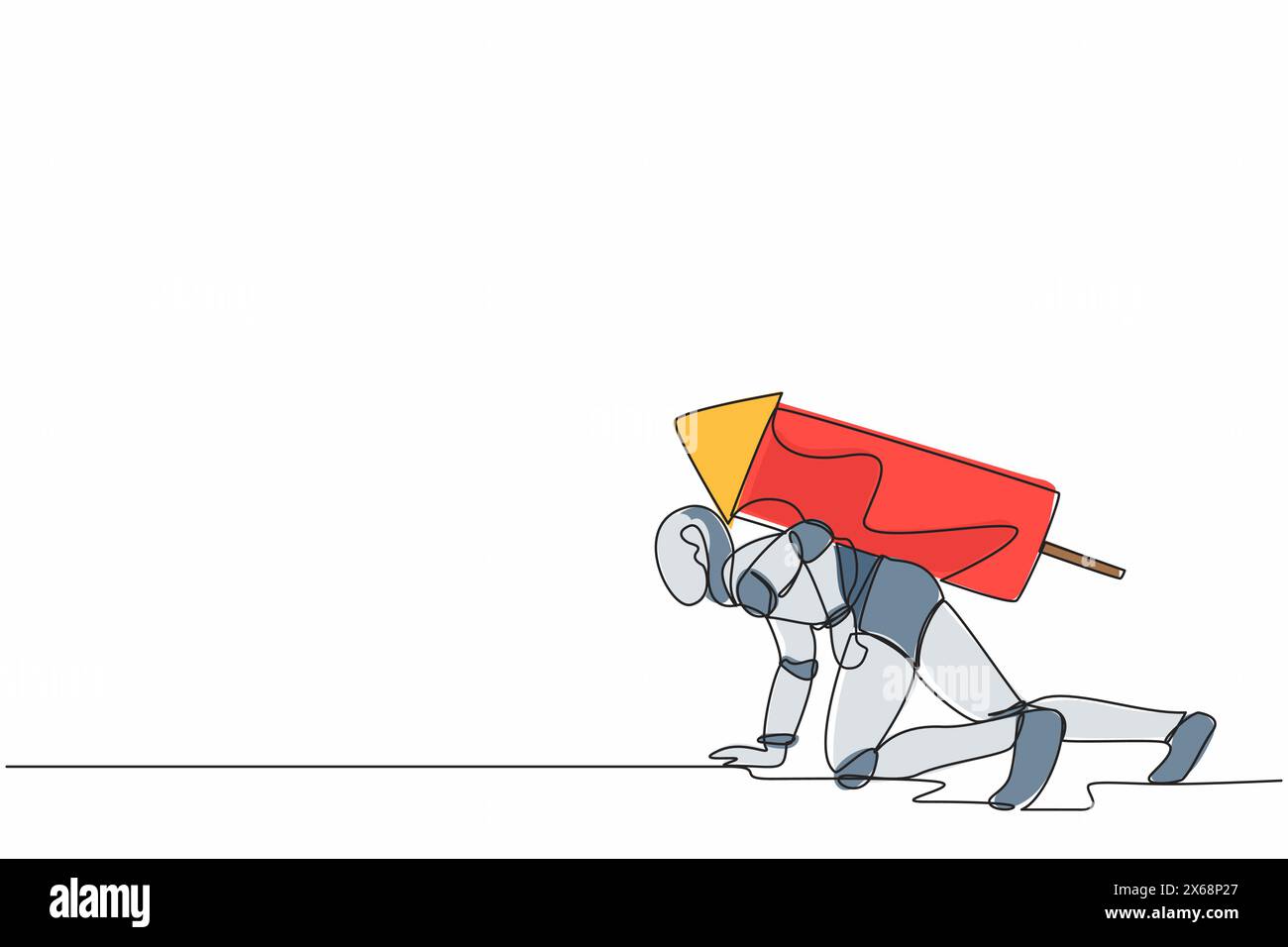 Continuous one line drawing robot with rocket on back stand on start ...