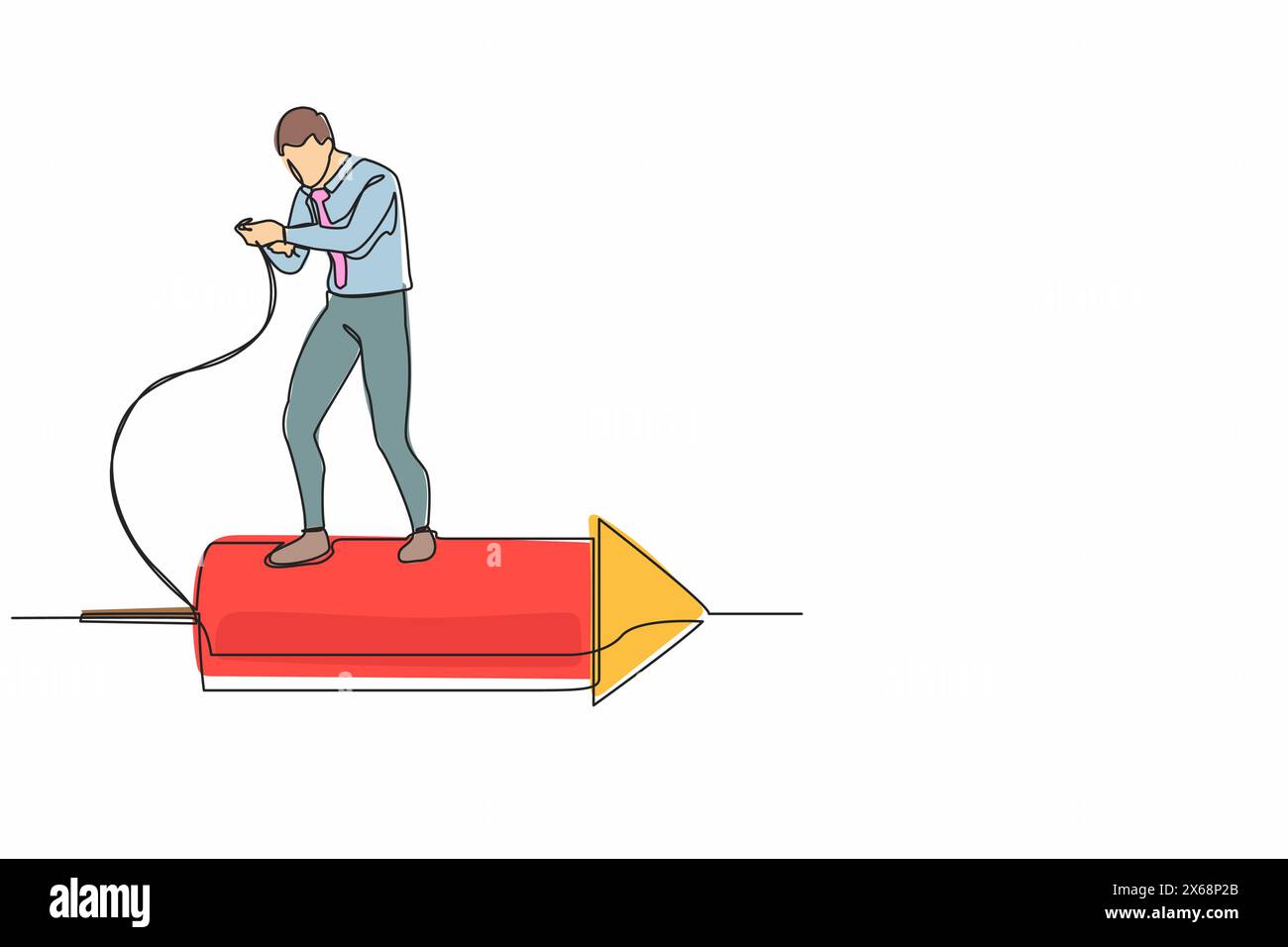 Continuous one line drawing businessman standing on firework rocket and ...