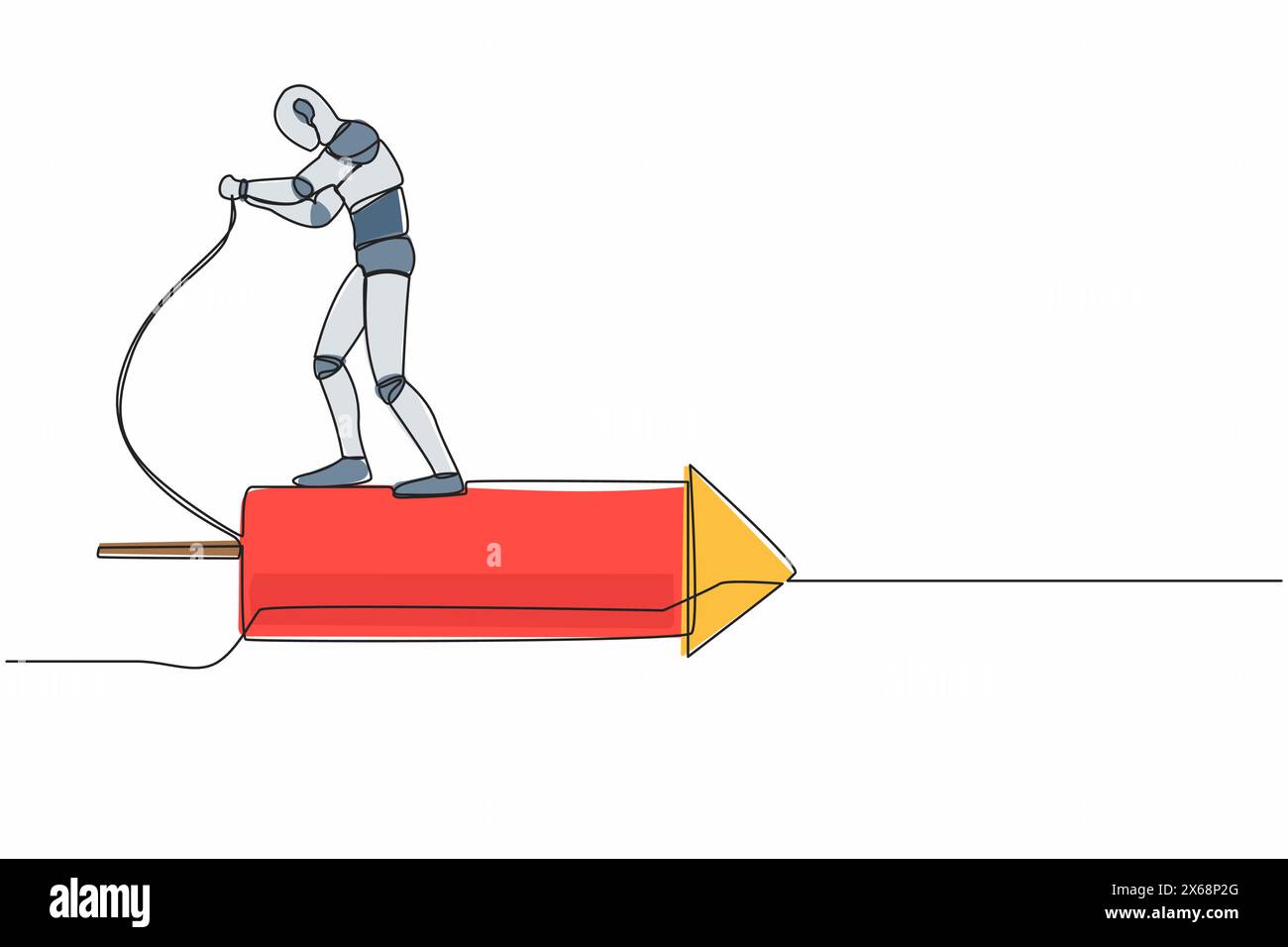 Single one line drawing robot standing on the firework rocket and ...
