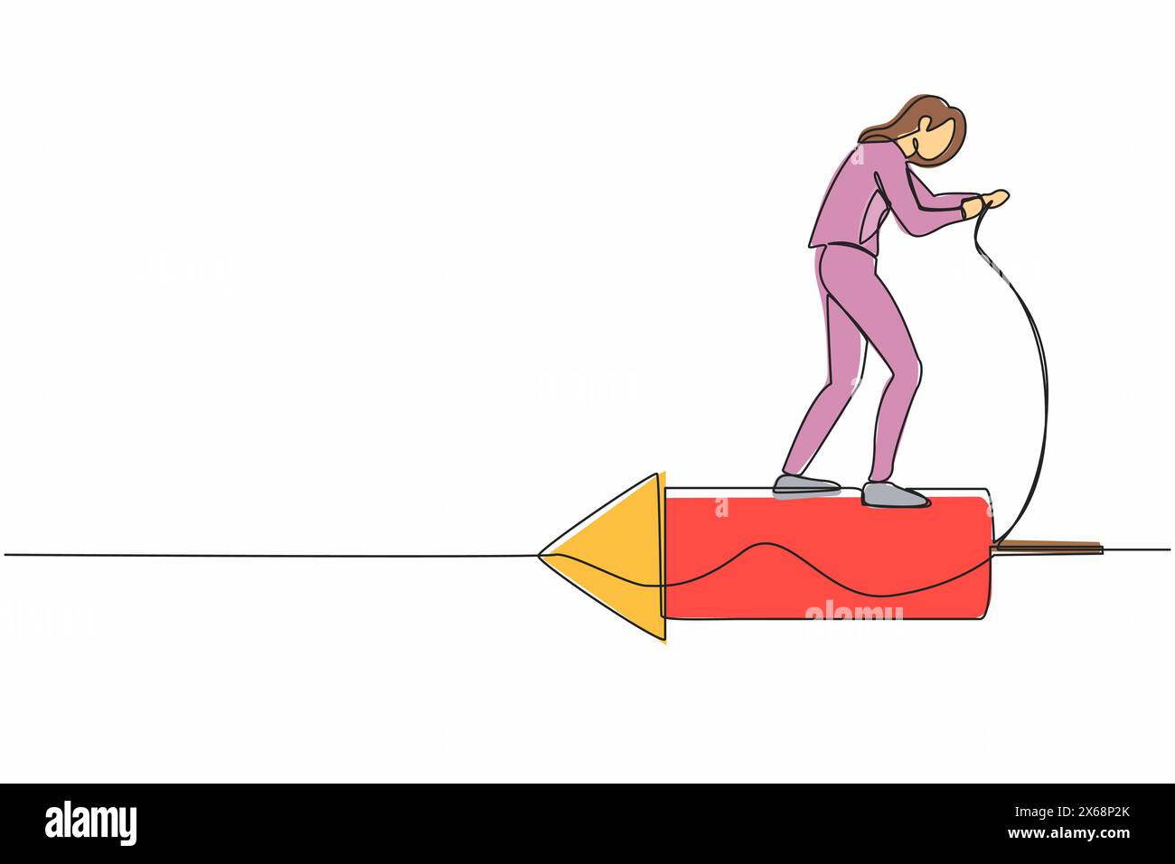 Single continuous line drawing businesswoman standing on firework ...