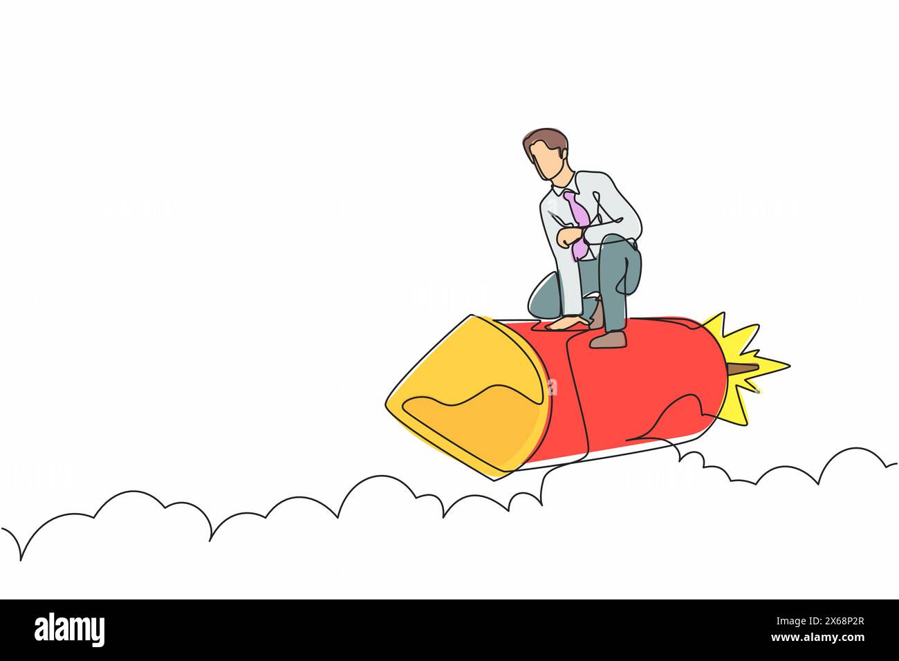 Continuous one line drawing active businessman riding firework rocket ...