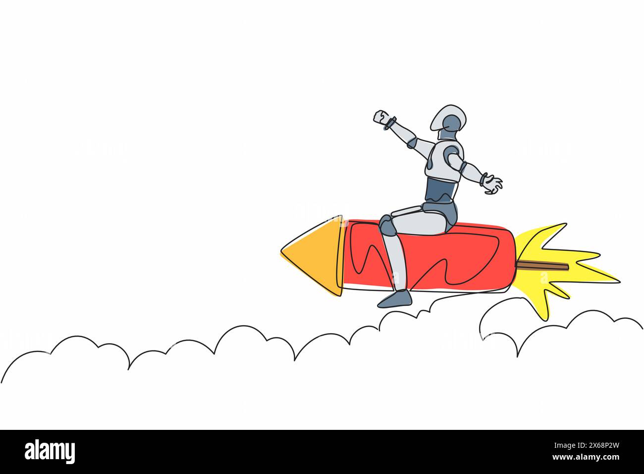 Single one line drawing robot flying high riding firework rocket. Future technology development ...