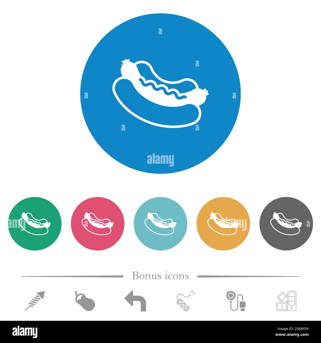 Hot dog flat white icons on round color backgrounds. 6 bonus icons ...