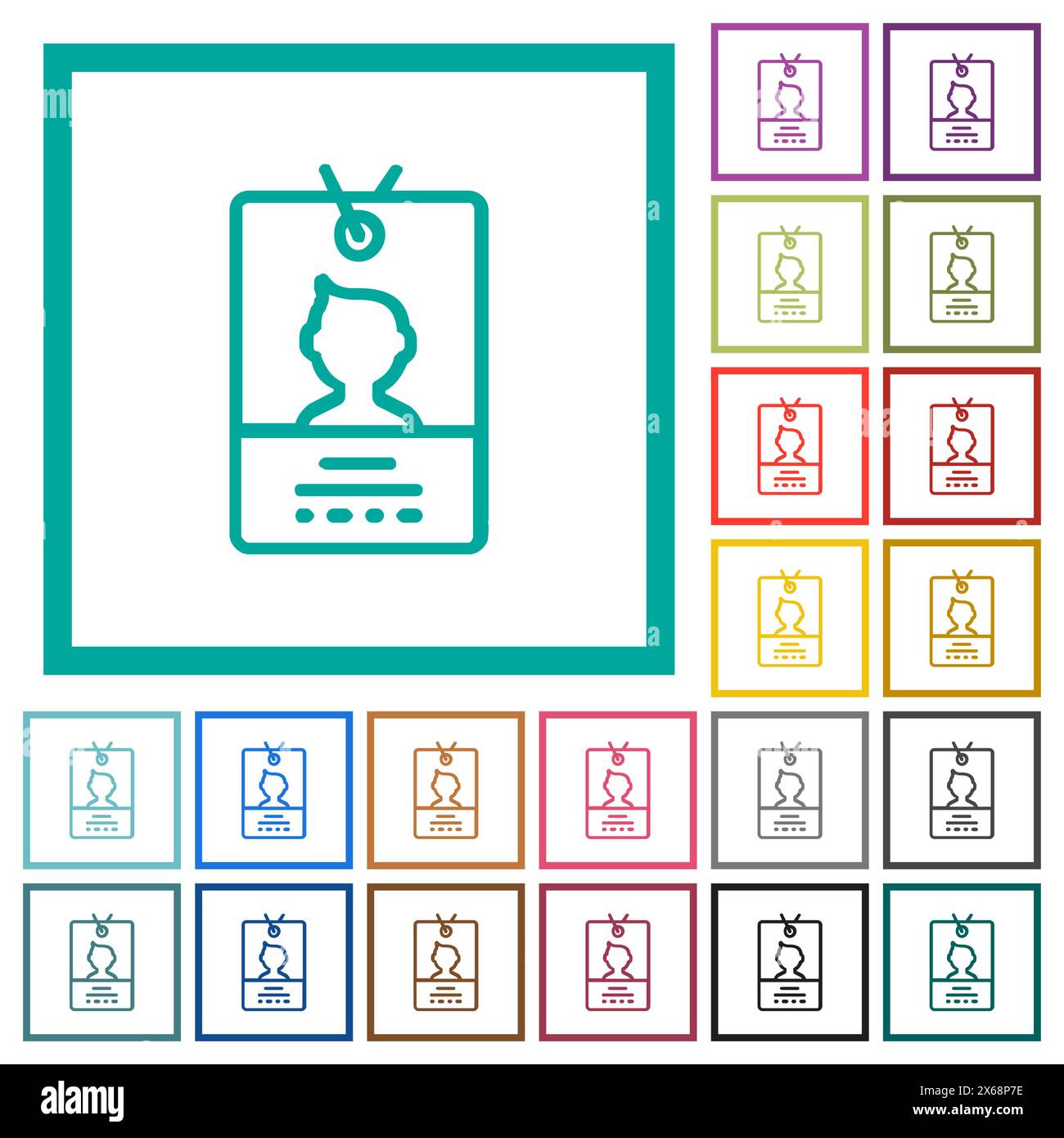 Id Badge Portrait Outline Flat Color Icons With Quadrant Frames On White Background Stock Vector