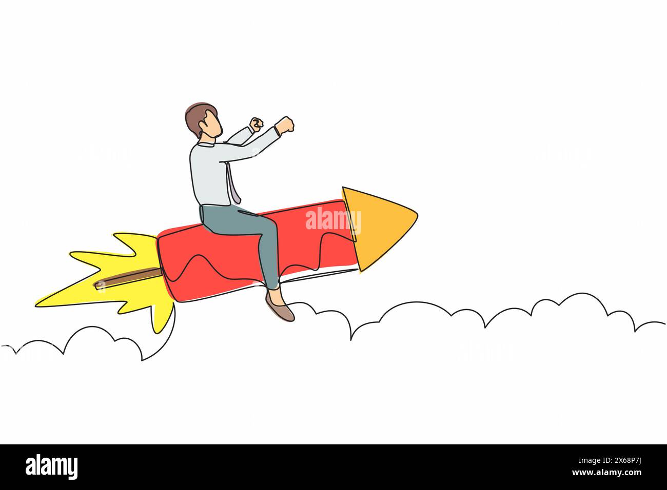 Continuous one line drawing businessman sitting astride a rocket and ...