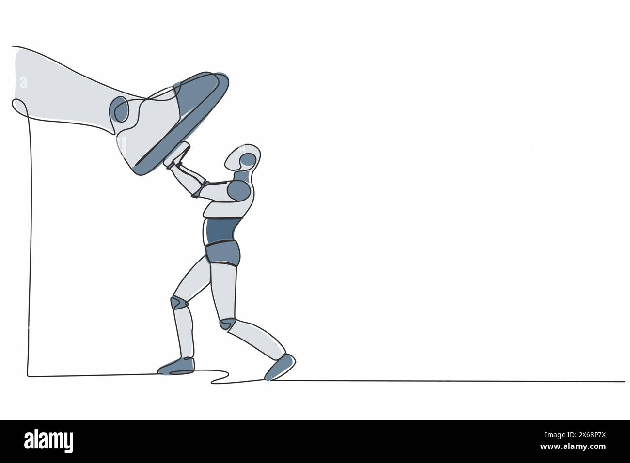 Single one line drawing robot against giant shoes stomping. Robot push ... Single one line drawing robot against giant shoes stomping. Robot push ...