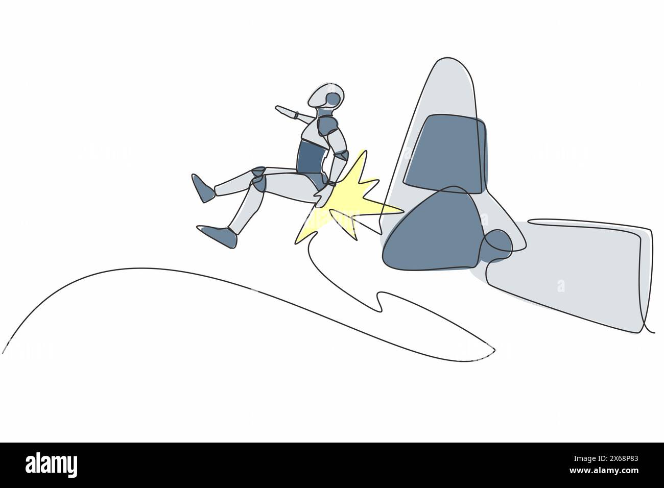 Single continuous line drawing robot getting fired, flying through air ...