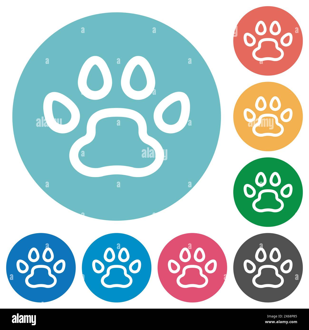 Paw print outline flat white icons on round color backgrounds Stock ...