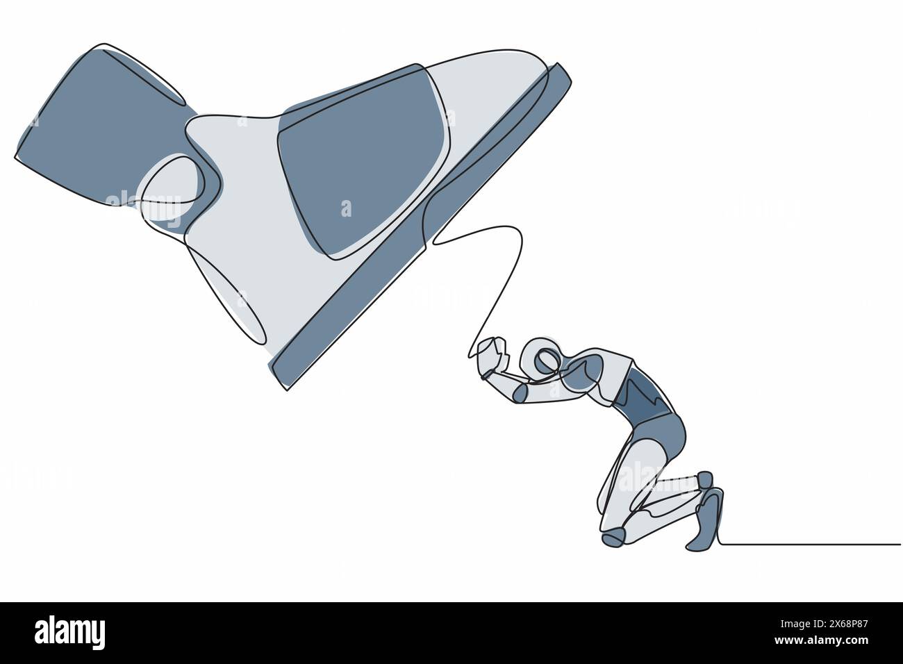 Single one line drawing robot kneel down under giant feet. Concept for authority, exploitation ...