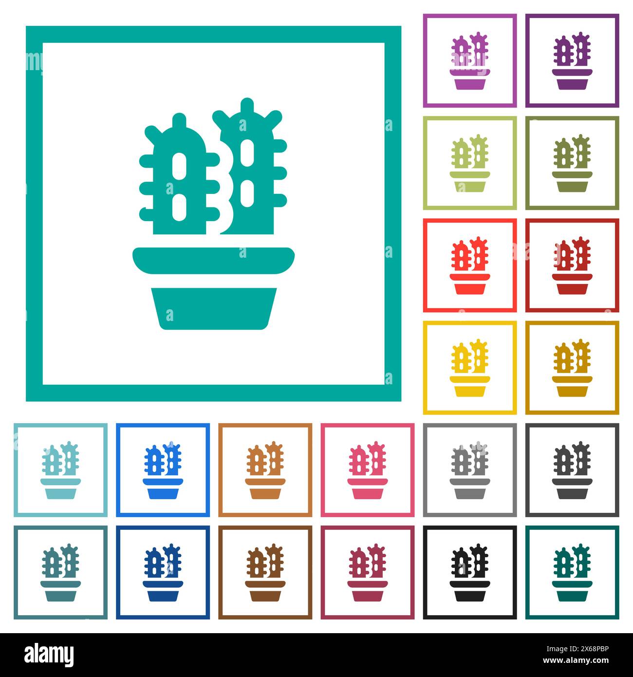 Potted cactus solid flat color icons with quadrant frames on white ...
