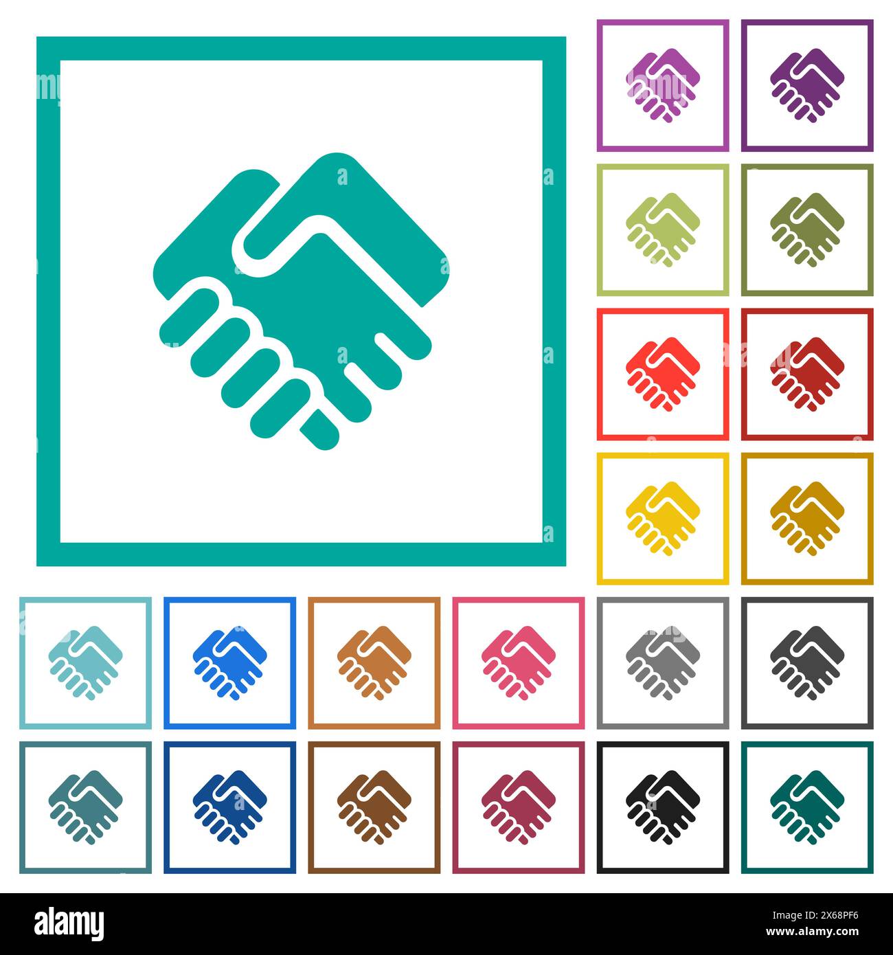 Handshake solid flat color icons with quadrant frames on white ...