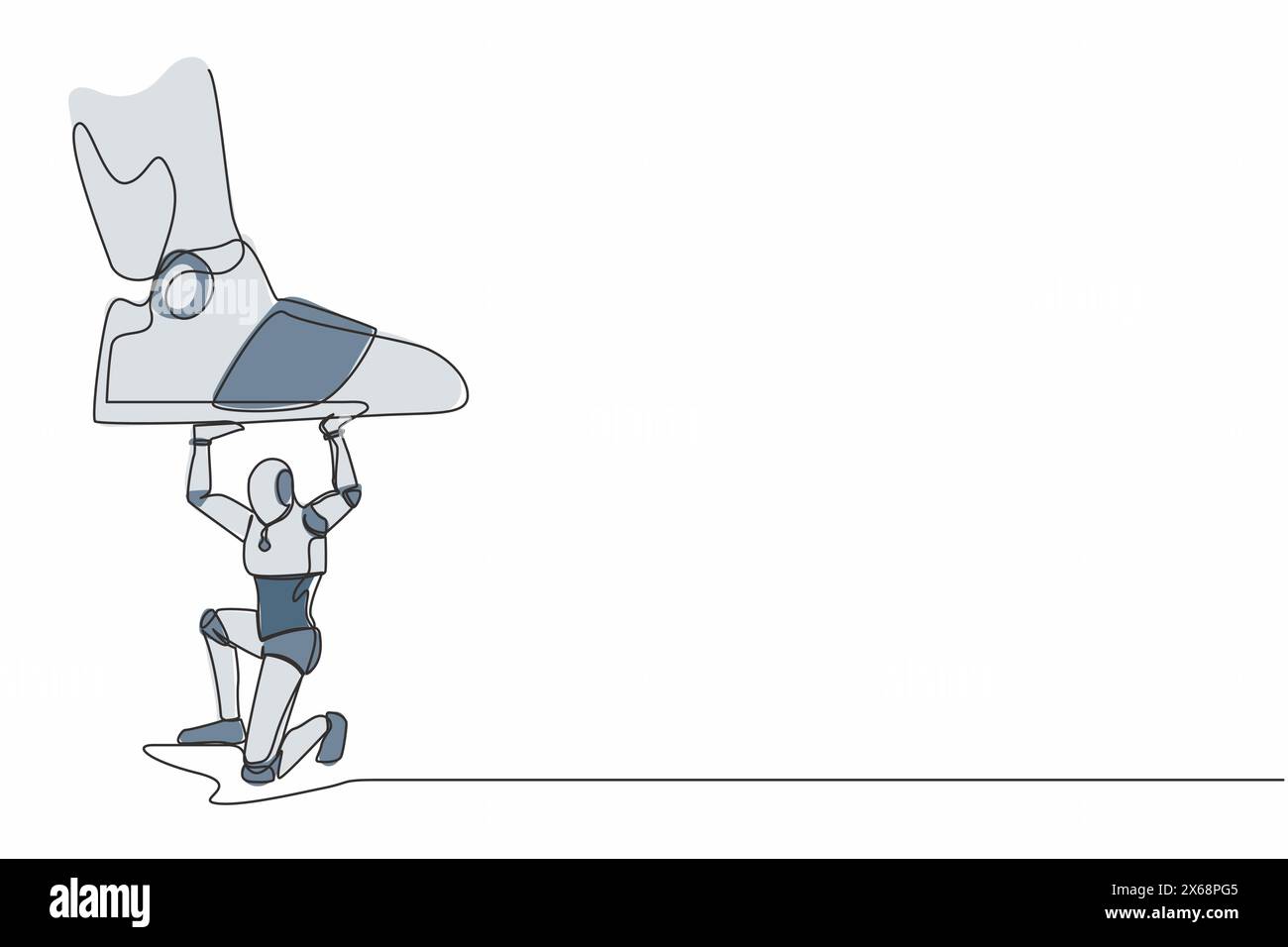 Continuous one line drawing robot under giant feet stomping. Violence ...