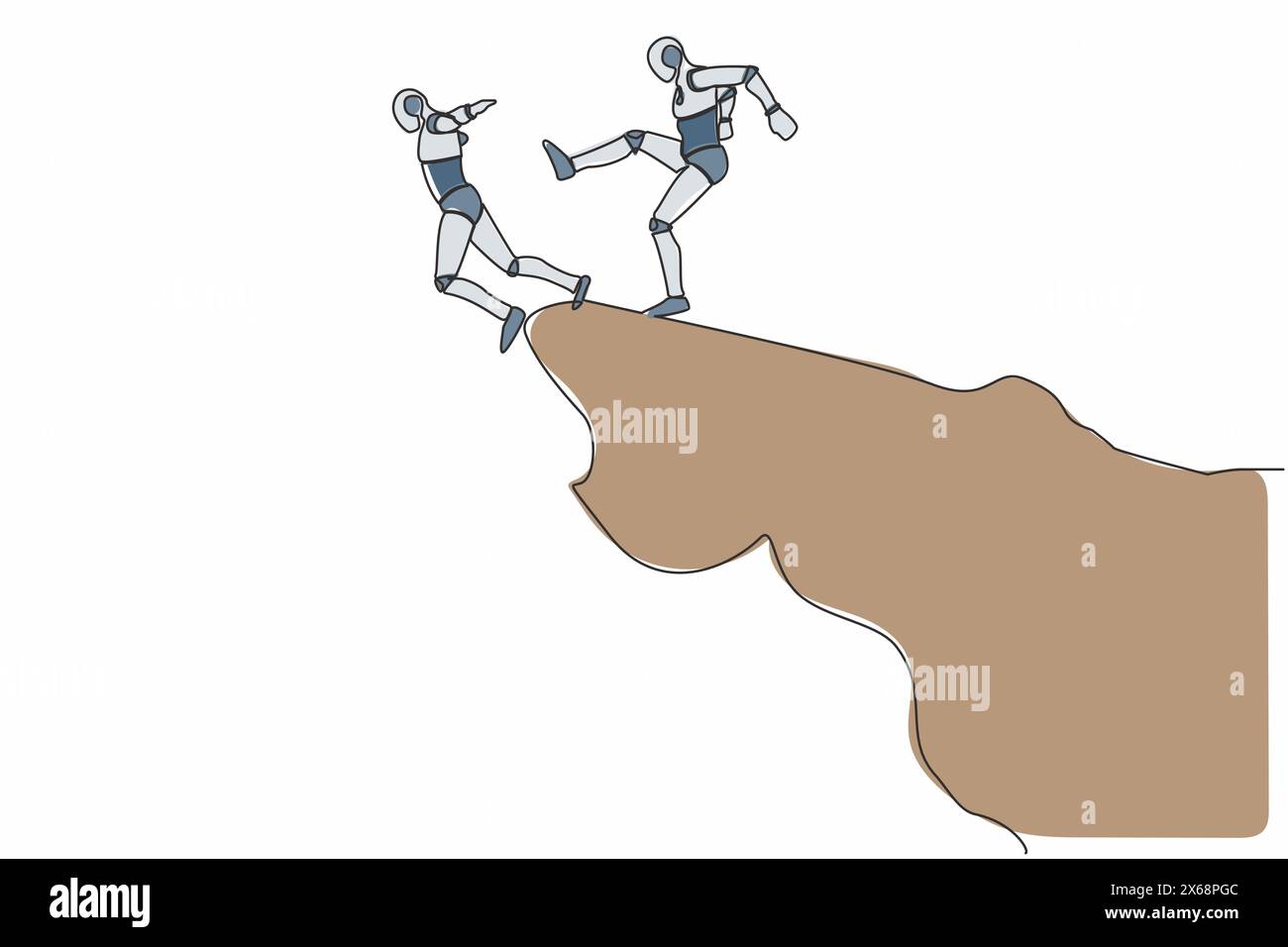 Single one line drawing robot kick throw colleague off cliff or hill ...