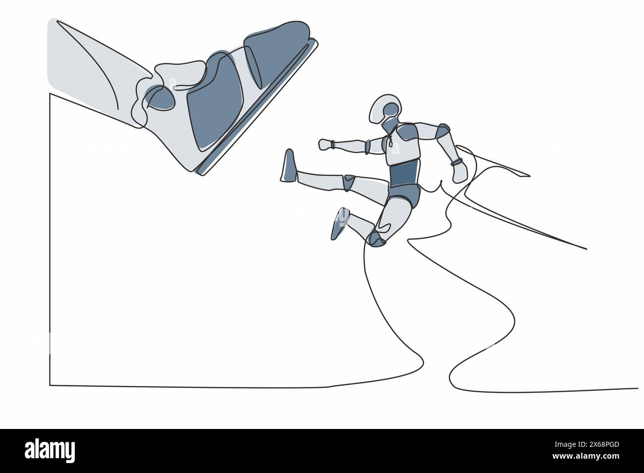 Continuous one line drawing robot kick giant foot stomp. Robot doing ...