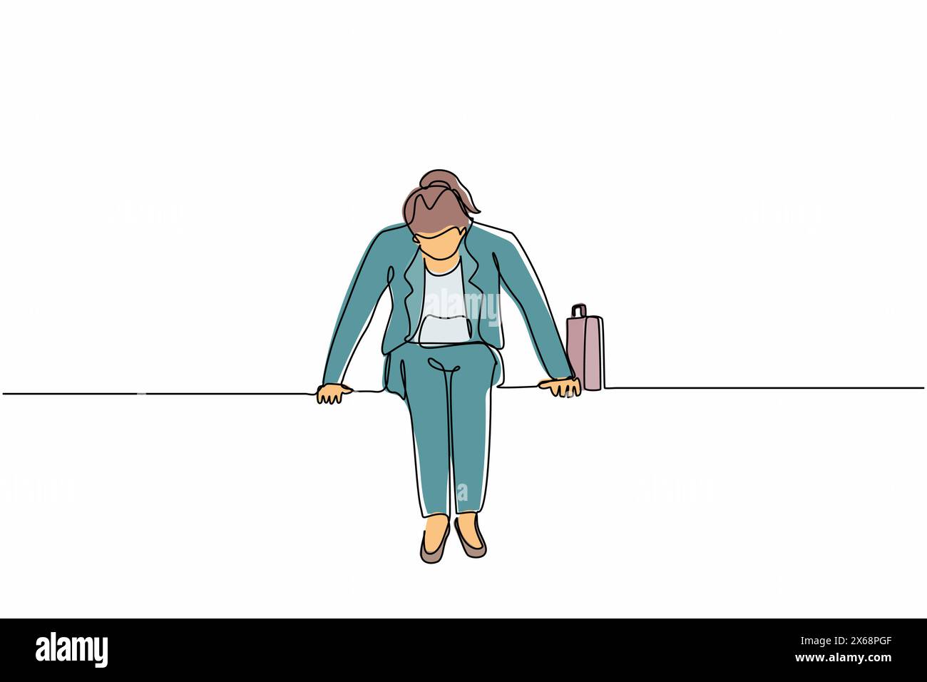 Single one line drawing sad businesswoman sits at bench alone. Woman ...