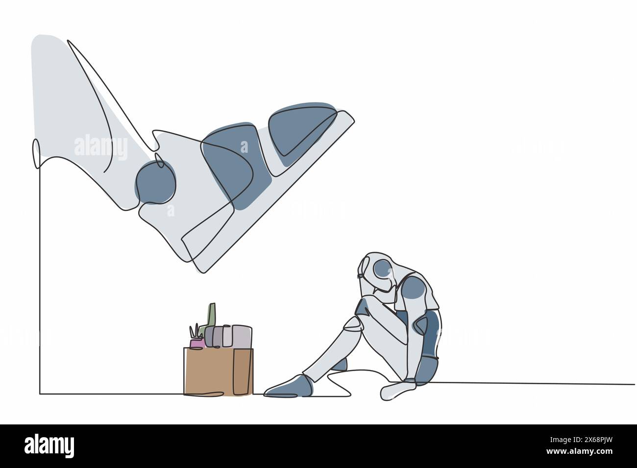 Single continuous line drawing robot sitting on the floor near office ...