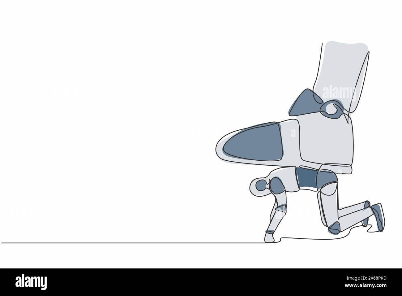 Single one line drawing robot crawling under giant foot trample. Robot ...