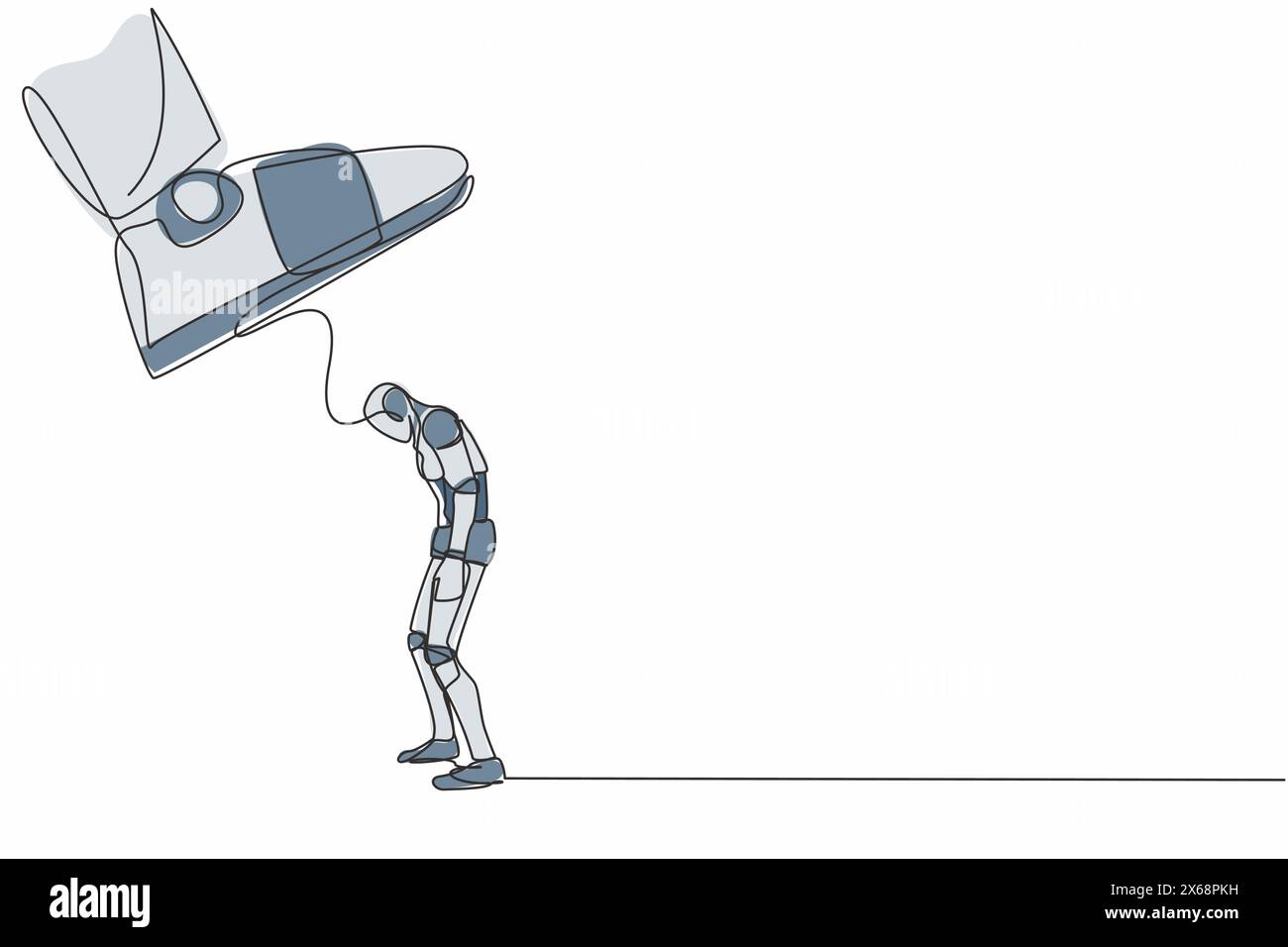 Single one line drawing robot standing weak under huge boot shoe, being ...