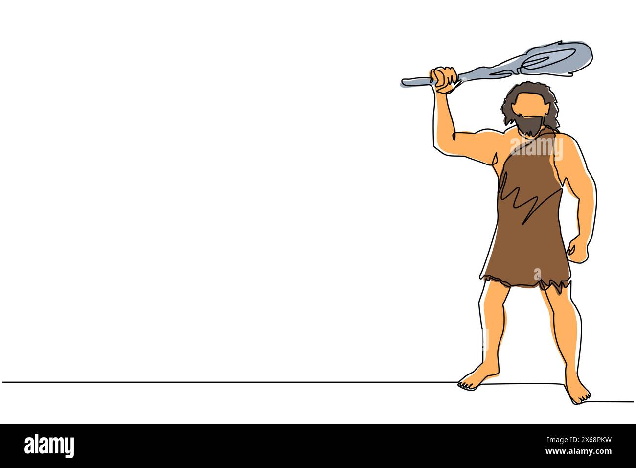 Single one line drawing prehistoric man holding and raised cudgel ...