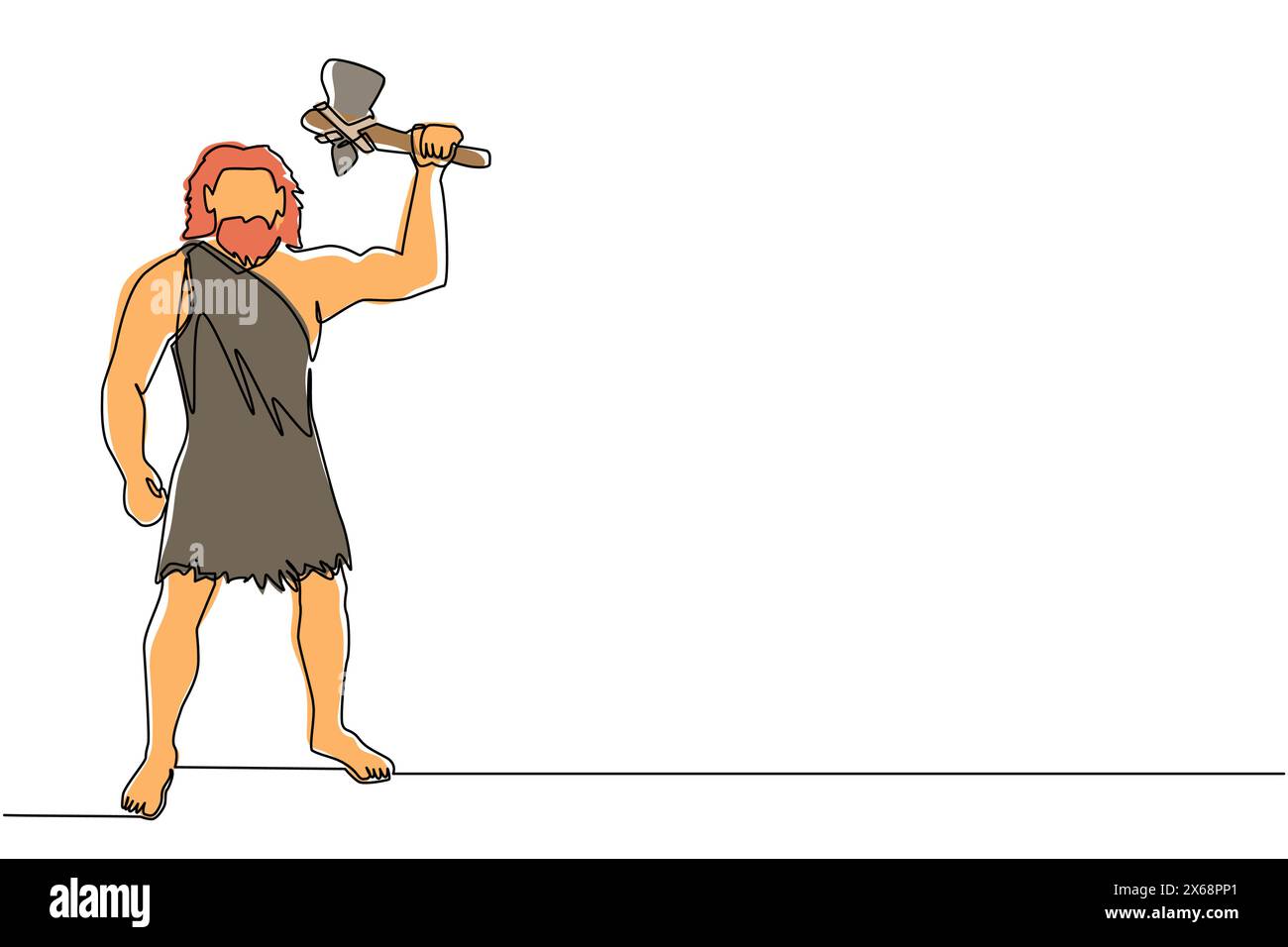 Single one line drawing caveman holding and raised stone axe overhead ...