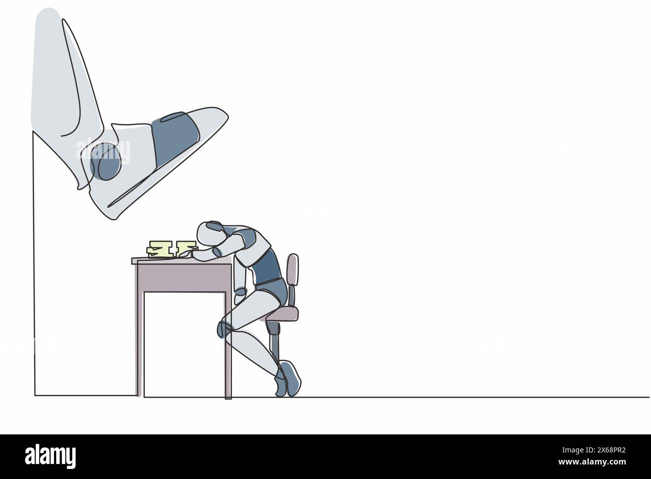 Single continuous line drawing robot sleeping on pile of paper on desk ...