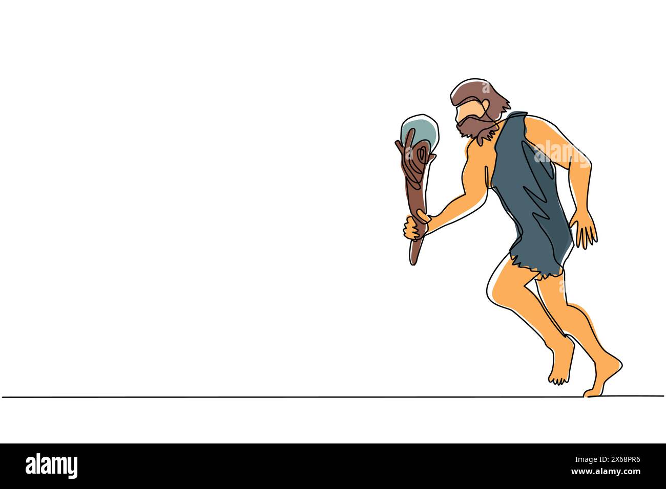 Single continuous line drawing young caveman and cudgel flat isolated ...