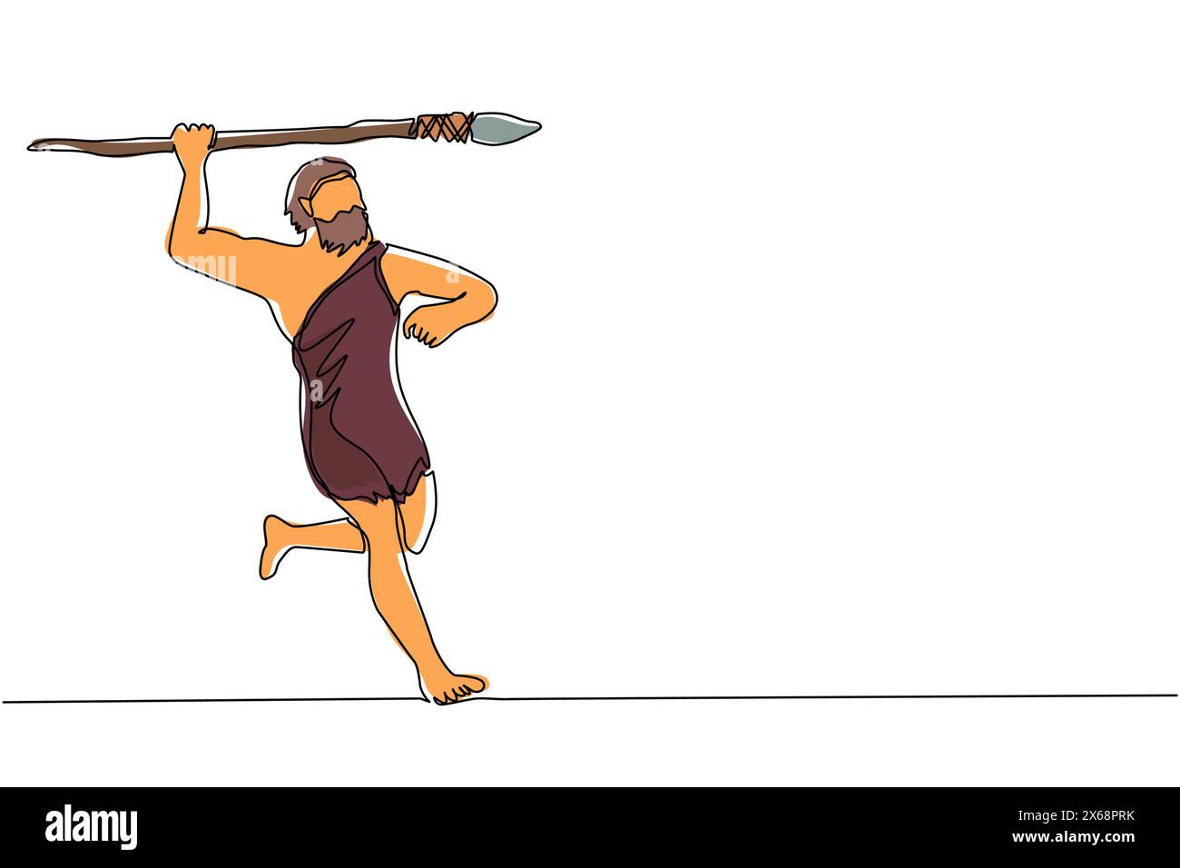 Single continuous line drawing primitive person hunts animal. Stone age ...