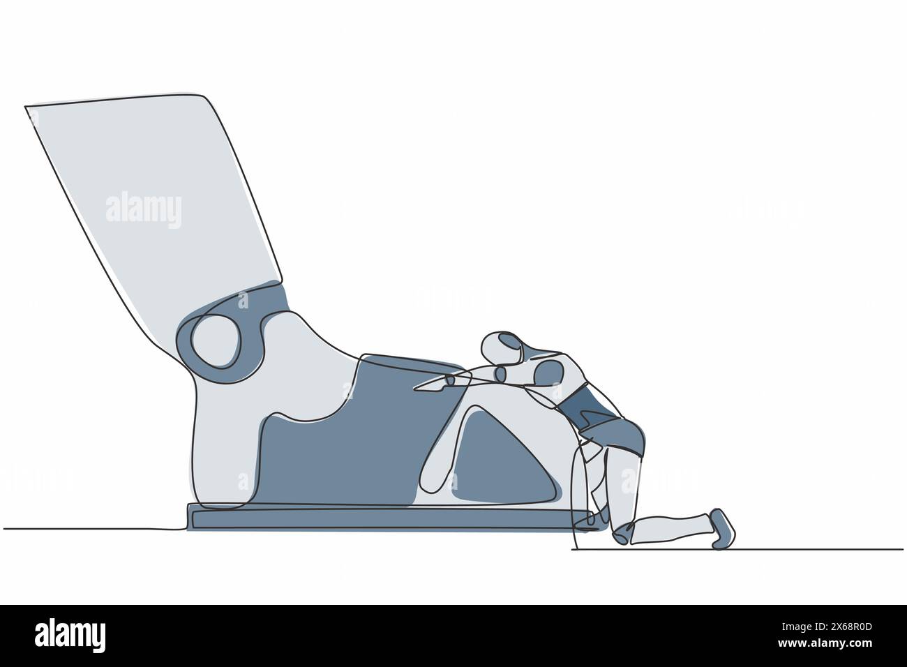 Single one line drawing of robot kneeling a giant foot or shoe. Robot ...