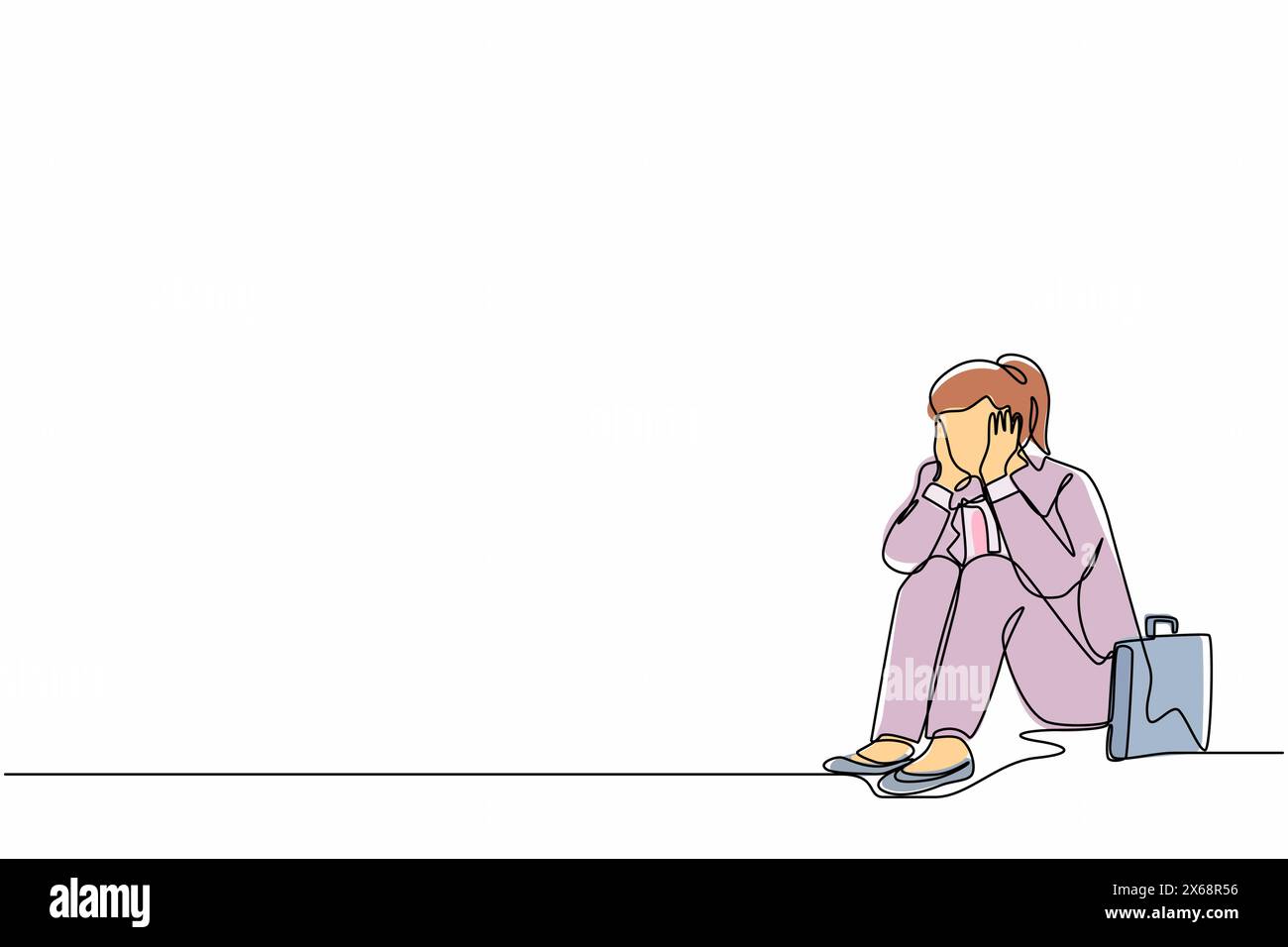 Single continuous line drawing sad businesswoman cover her face by ...